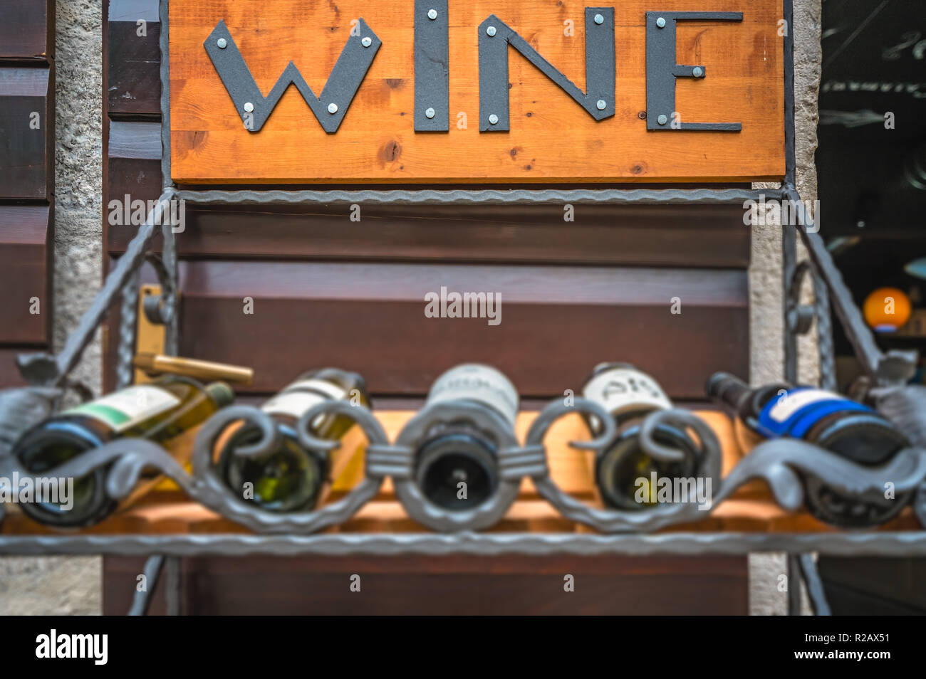 Bottles of wines on display outside popular restaurant in Montenegro ...