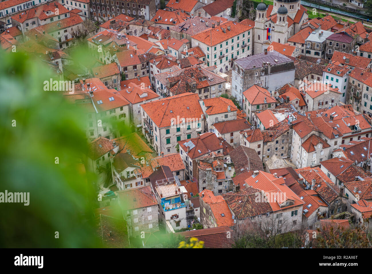 Aerial view of the red tiled houses roofs of Kotor Old town, Montenegro ...