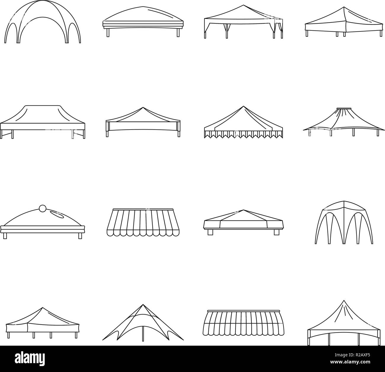 Canopy shed overhang icons set. Outline illustration of 16 canopy shed ...