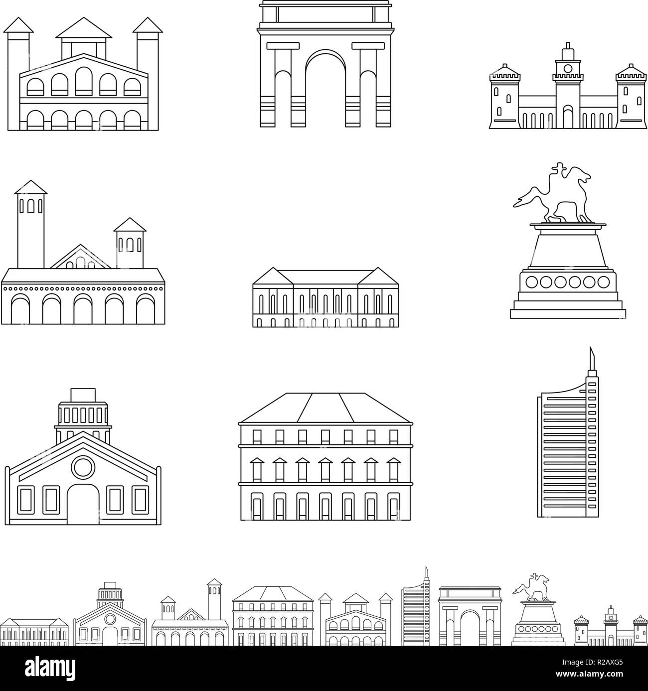 Milan Italy city skyline icons set. Outline illustration of 9 Milan ...