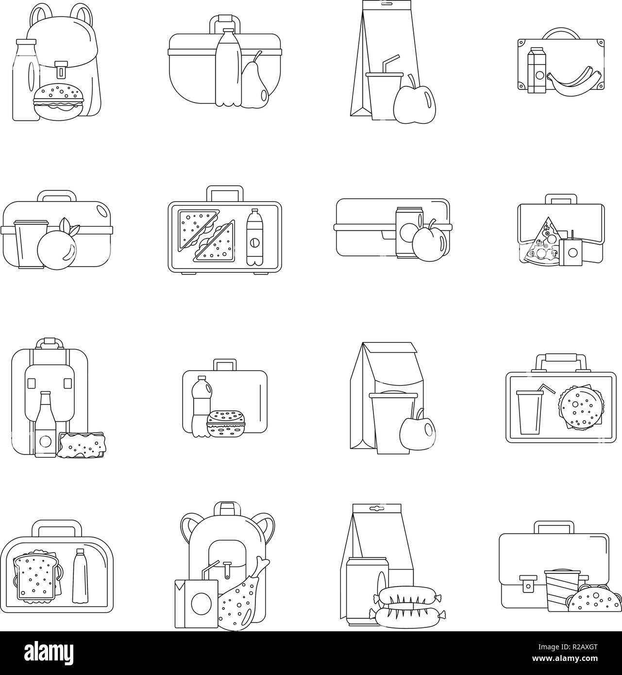 Lunchbox food icons set. Outline illustration of 16 lunchbox food ...
