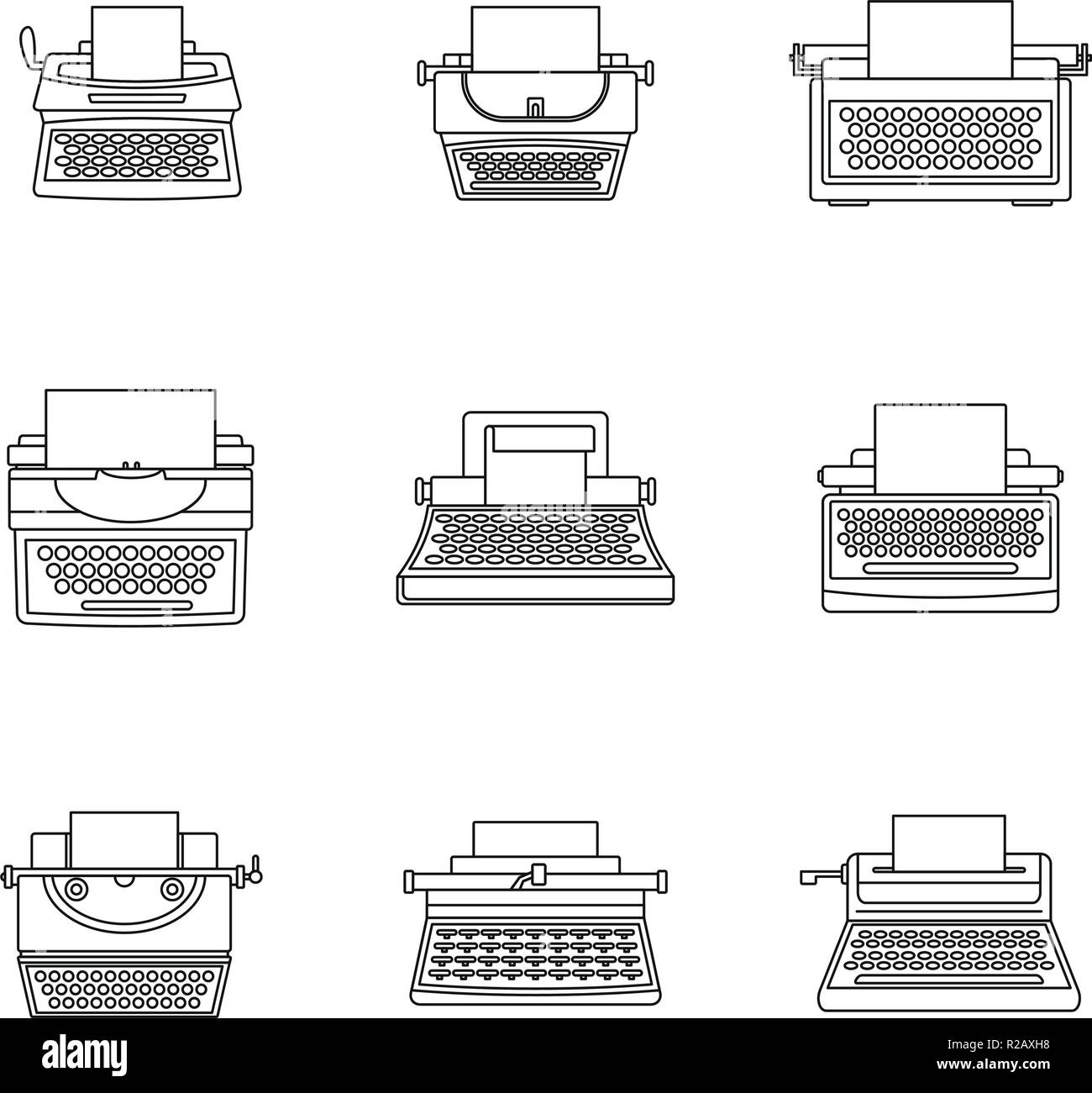 Typewriter machine keys old keyboard icons set. Outline illustration of ...