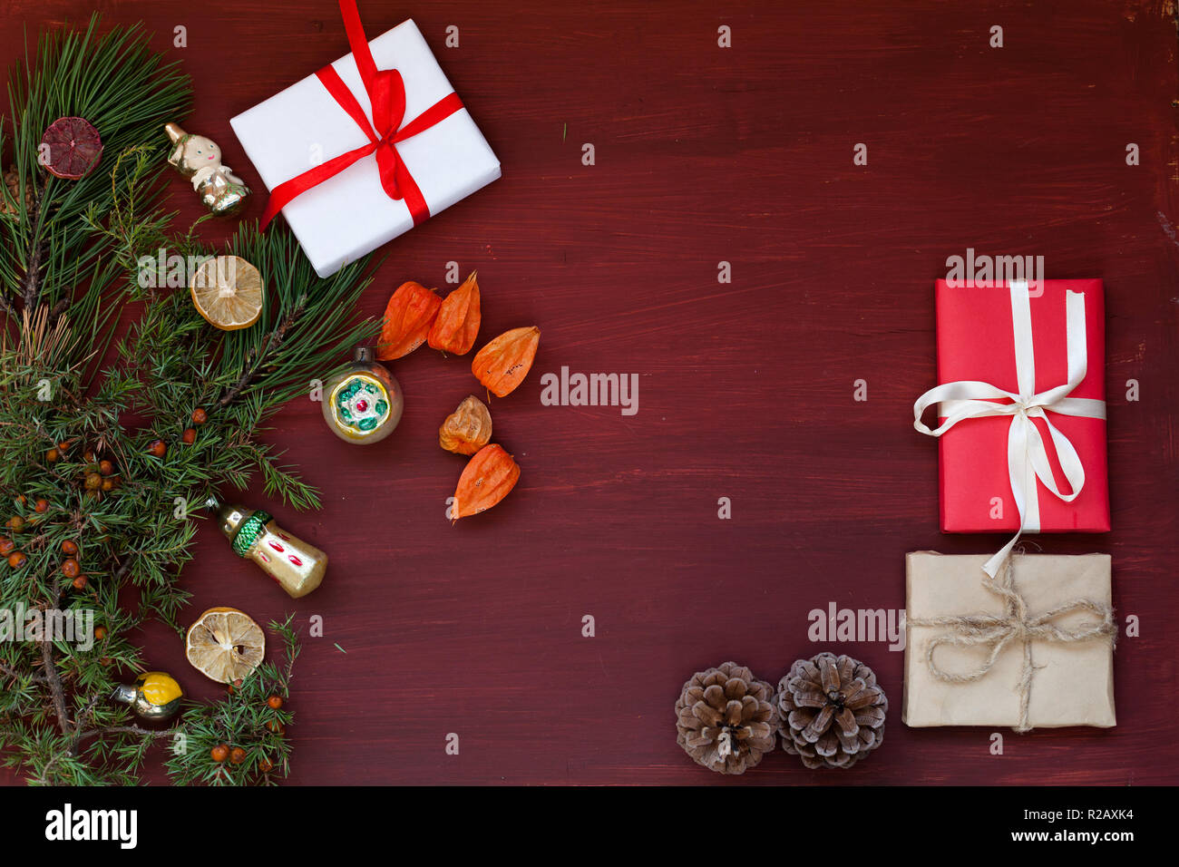 Christmas background new year coniferous branches presents winter ...