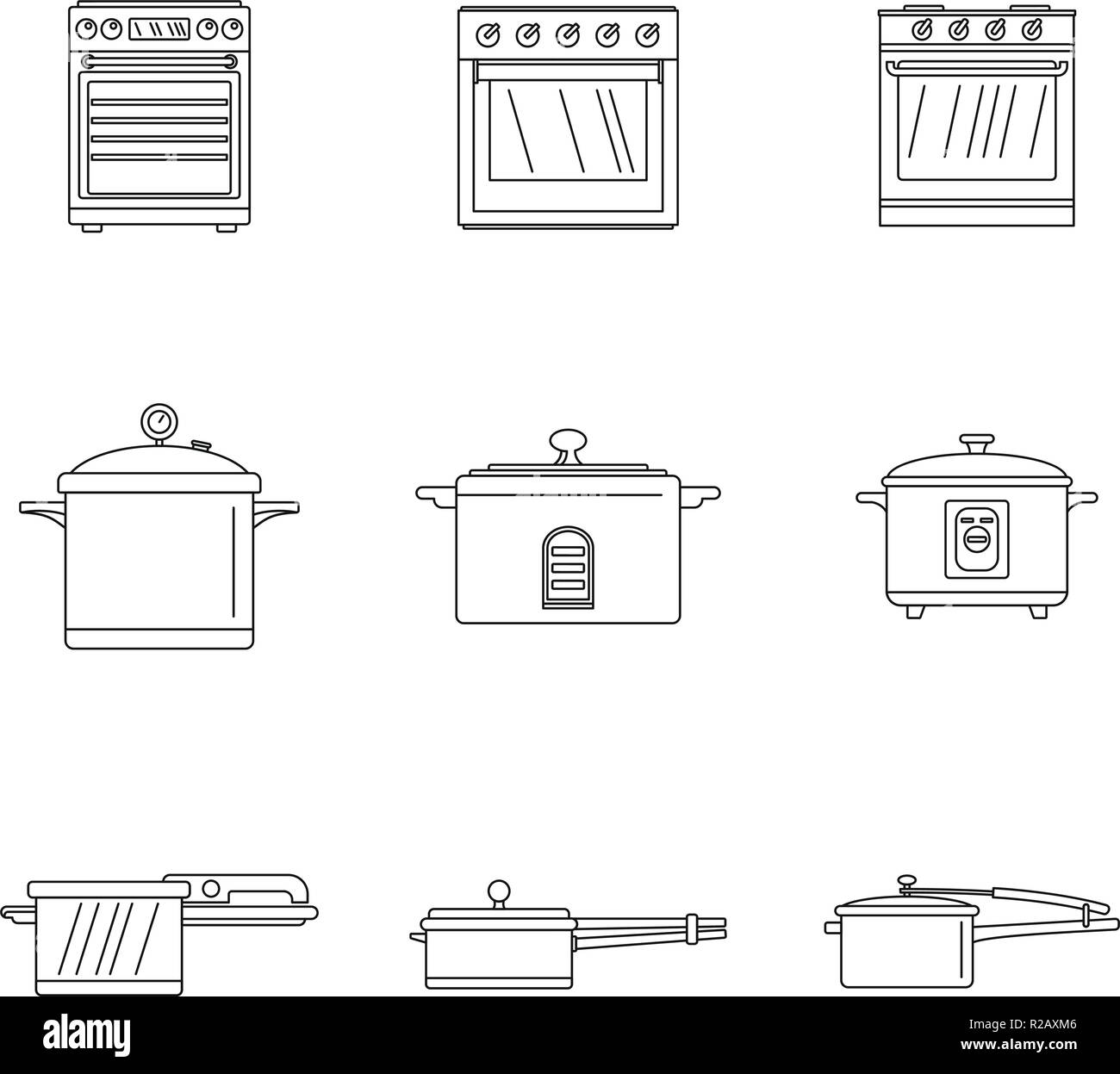 Cooker oven stove pan burner icons set. Outline illustration of 9 ...