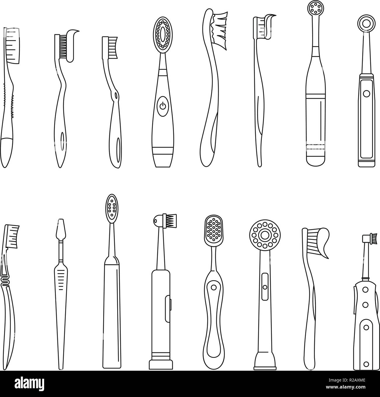 Toothbrush dental icons set. Outline illustration of 16 toothbrush ...