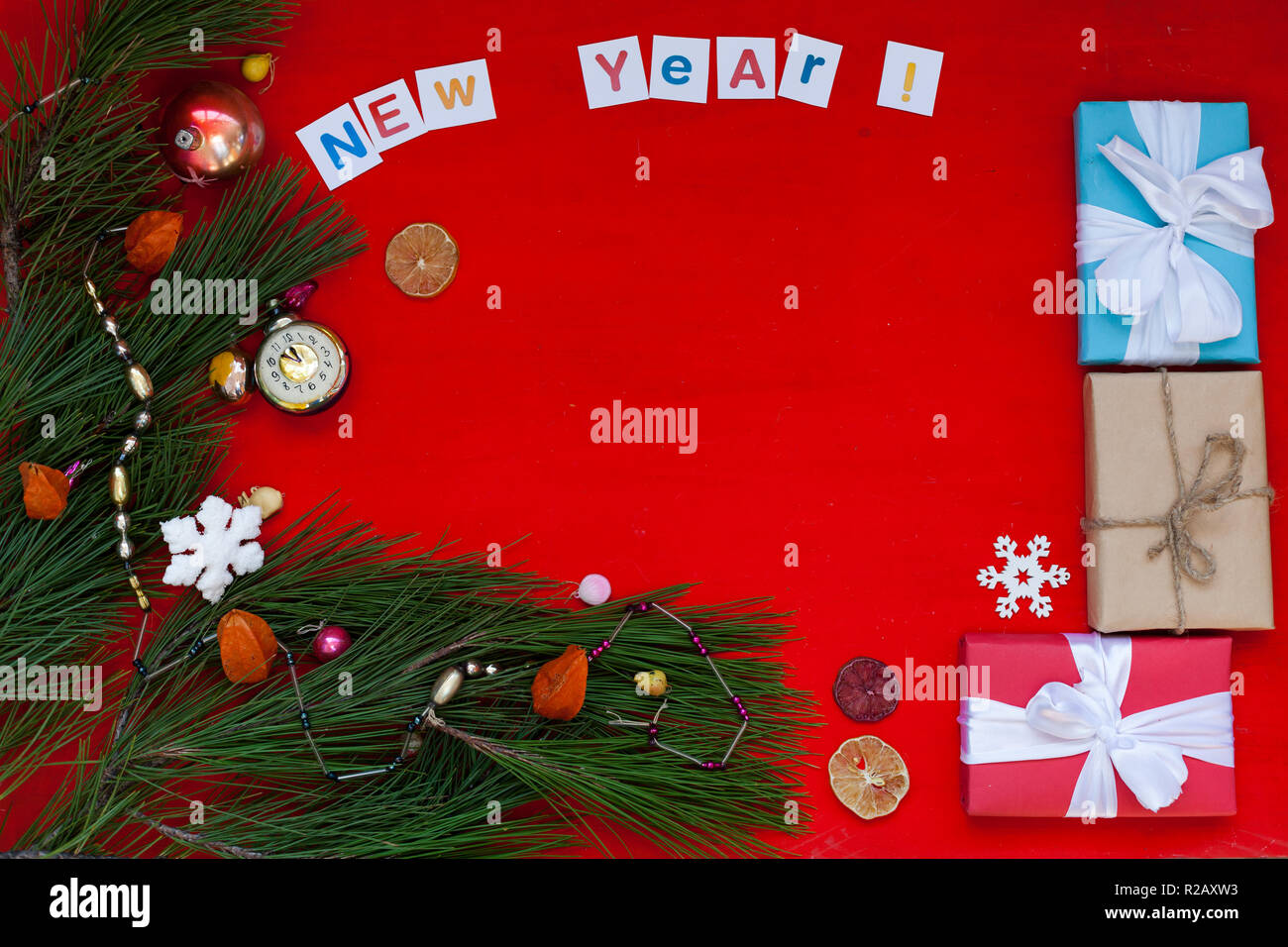 Christmas background new year coniferous branches presents winter ...