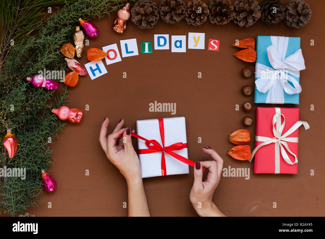 Christmas background hand new year coniferous branches presents winter ...