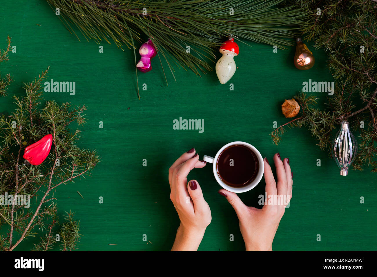 Christmas background hand new year coniferous branches presents winter ...