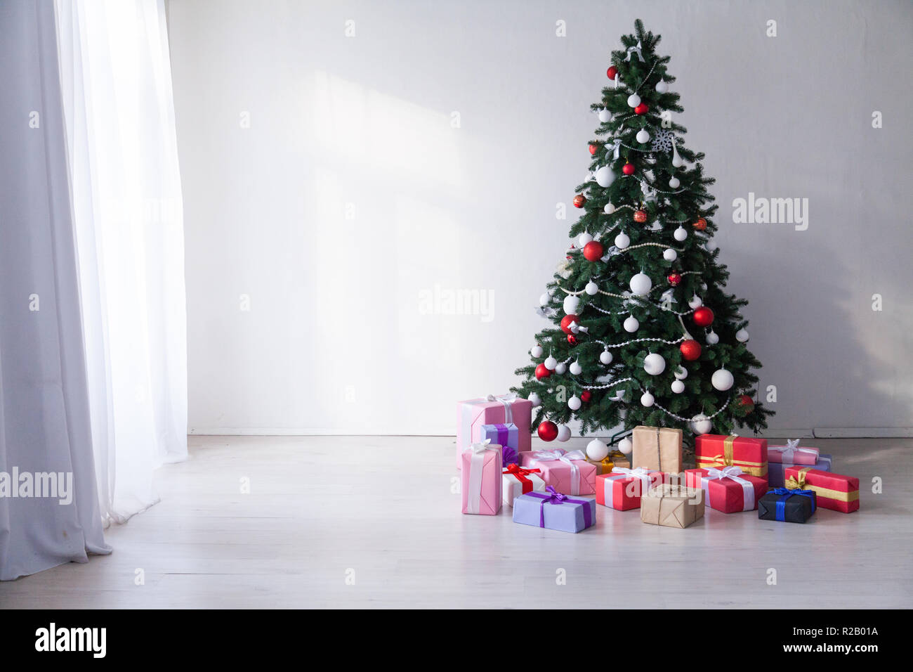 Christmas background Interior new year tree gifts winter postcard Stock ...