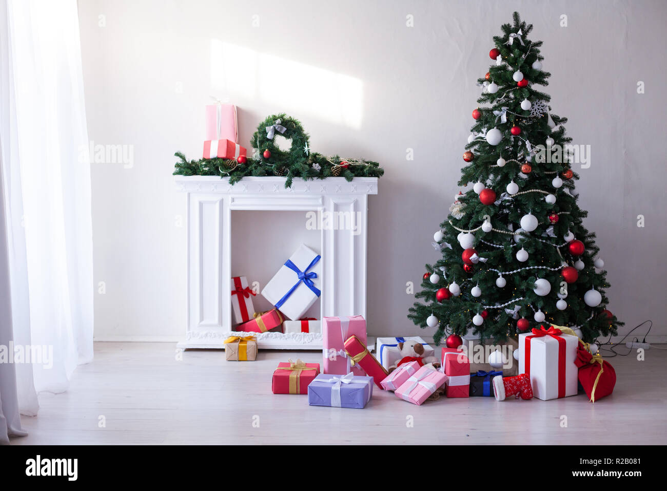 Christmas background Interior new year tree gifts winter postcard Stock ...