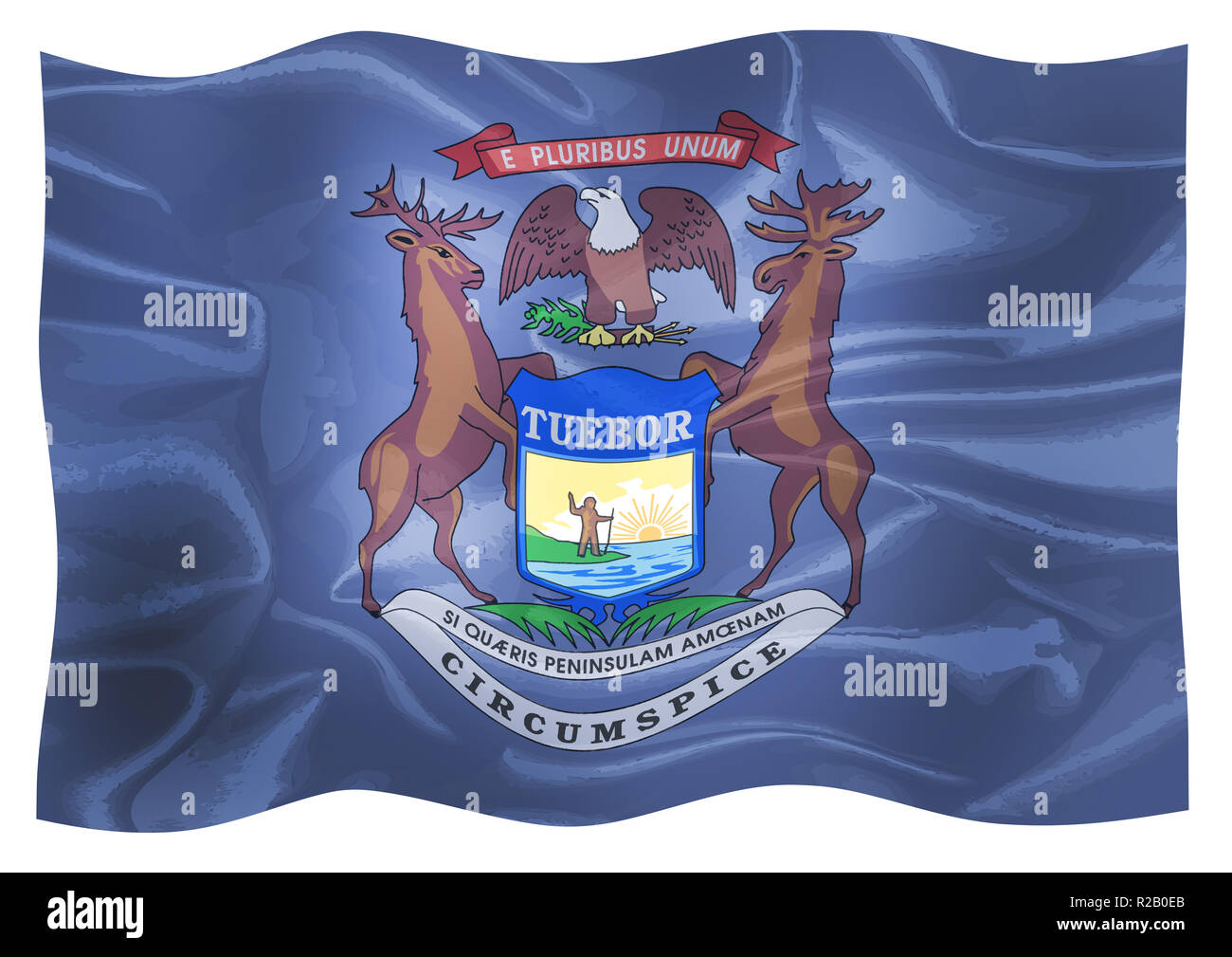 The flag of the US state of Michigan fluttering over a white background ...