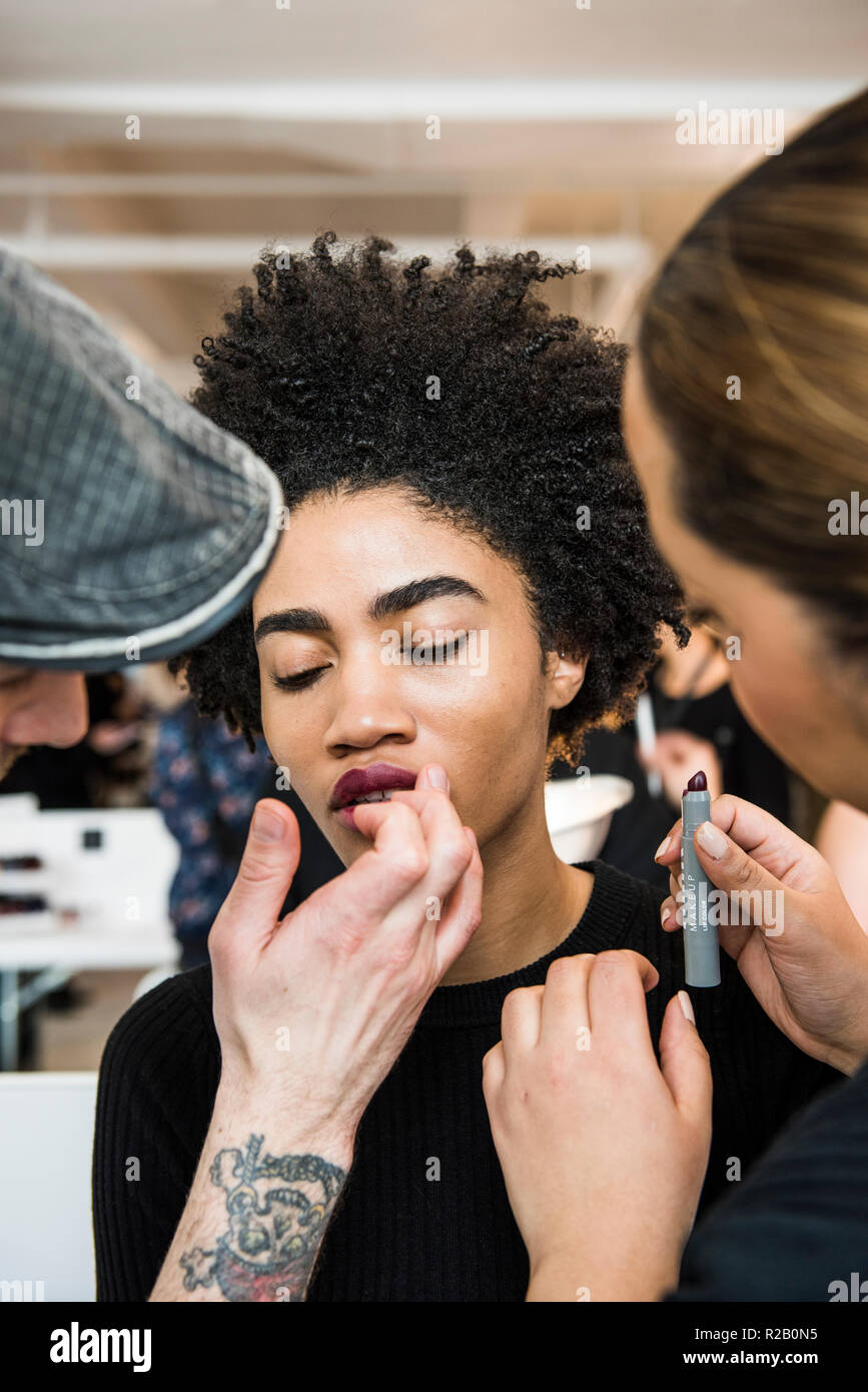 New York City, NY, USA - February 13, 2017: Model backstage having ...