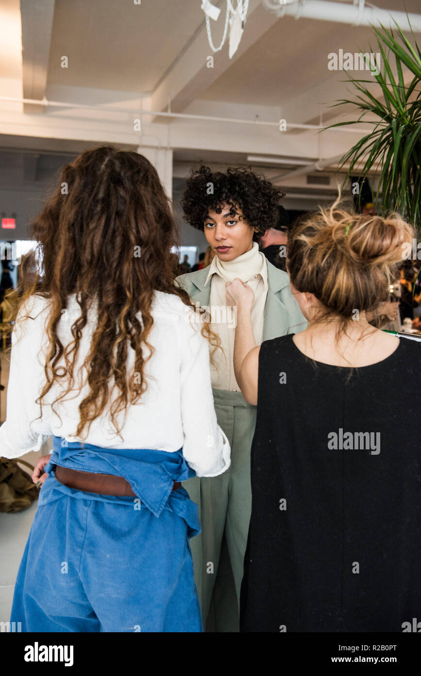 New York City, NY, USA - February 13, 2017: Mara Hoffman preparing ...