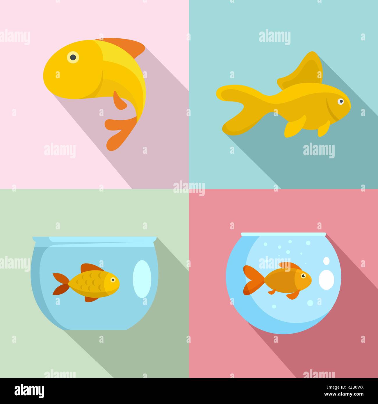 Goldfish and fishbowl icons set. Flat illustration of 4 goldfish and ...