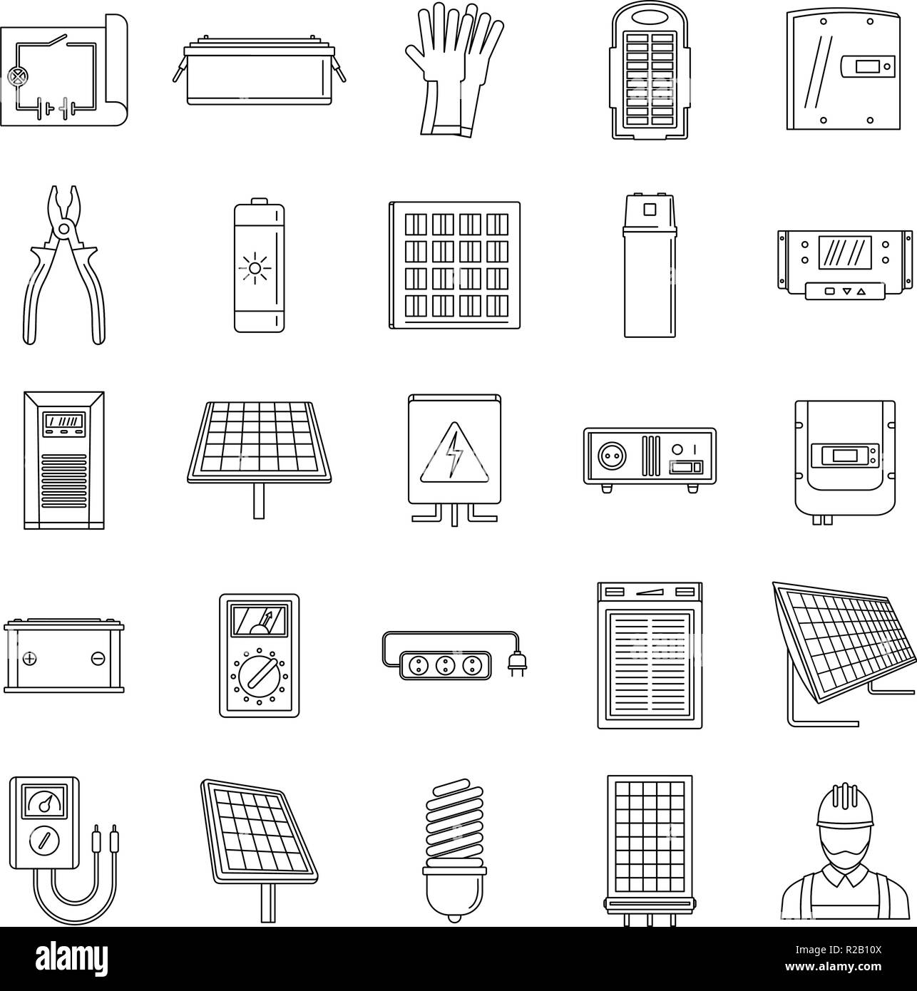 Solar energy equipment icons set. Outline illustration of 25 solar ...