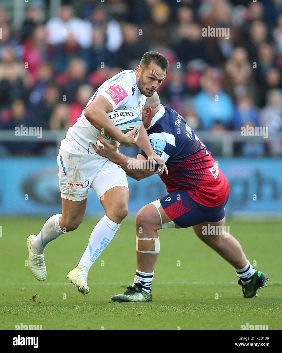 Bristol's Yann Thomas tackles Exeter's Phil Dollman during the ...