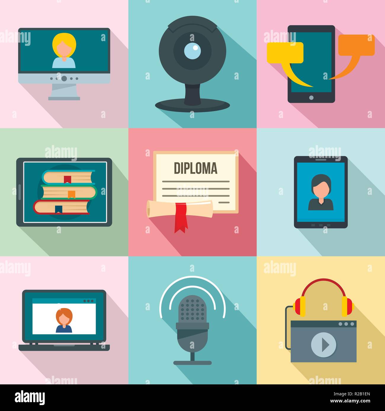 Webinar training online learning icons set. Flat illustration of 9 ...