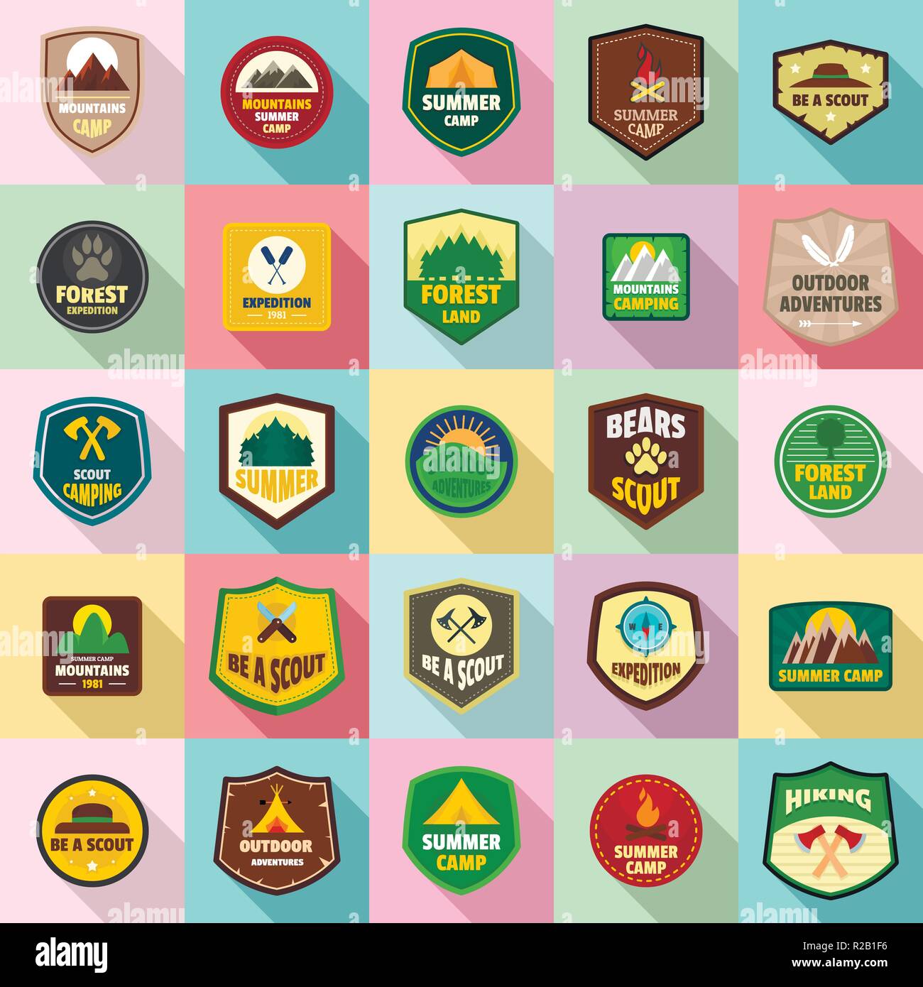 Scout badge emblem stamp icons set. Flat illustration of 25 scout badge ...