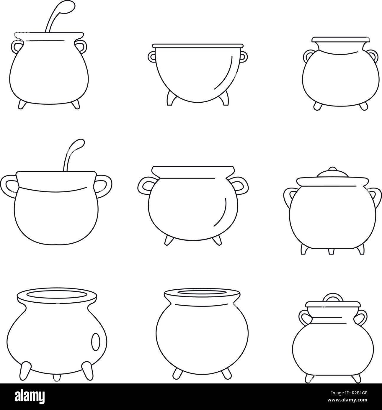 Cauldron pot kettle halloween icons set. Outline illustration of 9 ...