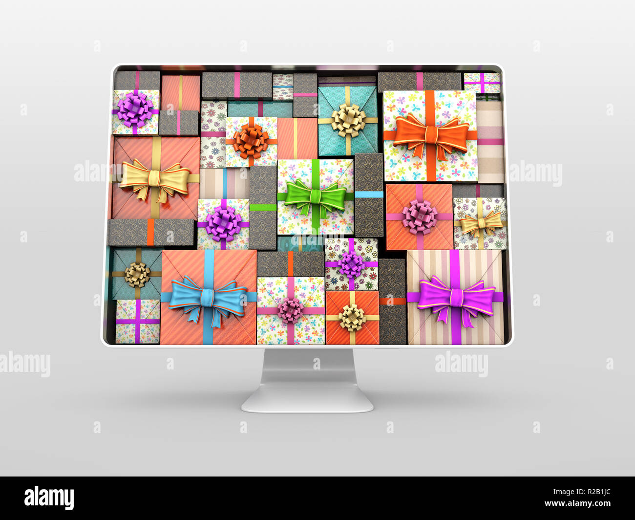 Computer monitor with gifts on screen. 3d Illustration isolated white ...