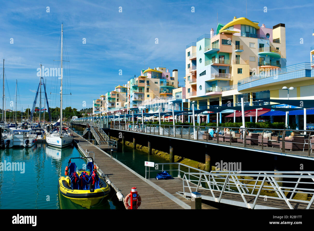 boats, yachts, colourful buildings, Albufeira Marina, Algarve, Portugal ...