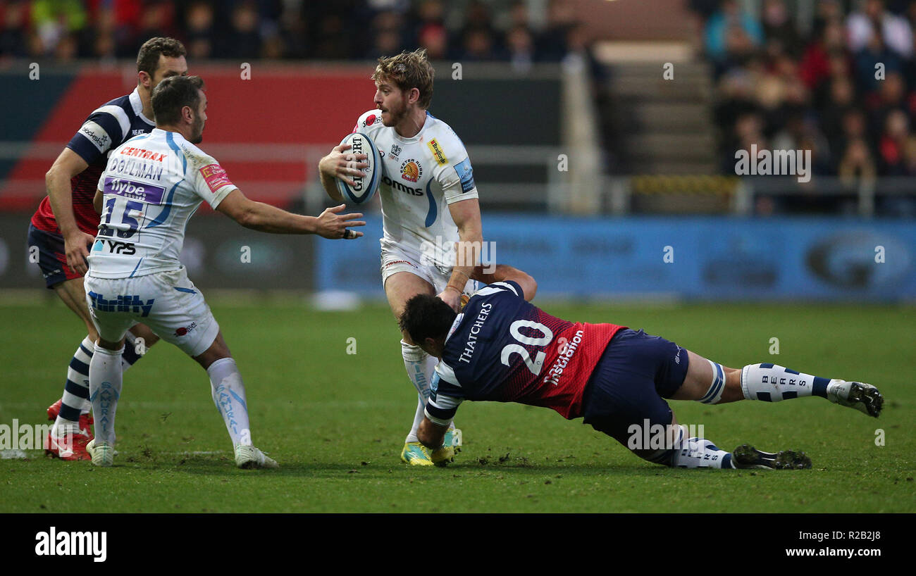Bristol's George Smith tackles Exeter's Gareth Steenson during the ...