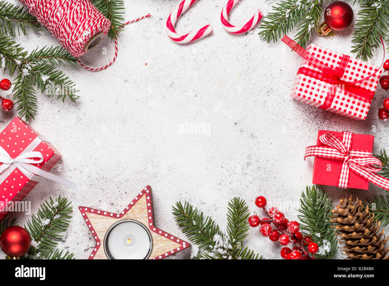 Christmas background with fir tree, gift, candle and decorations Stock ...