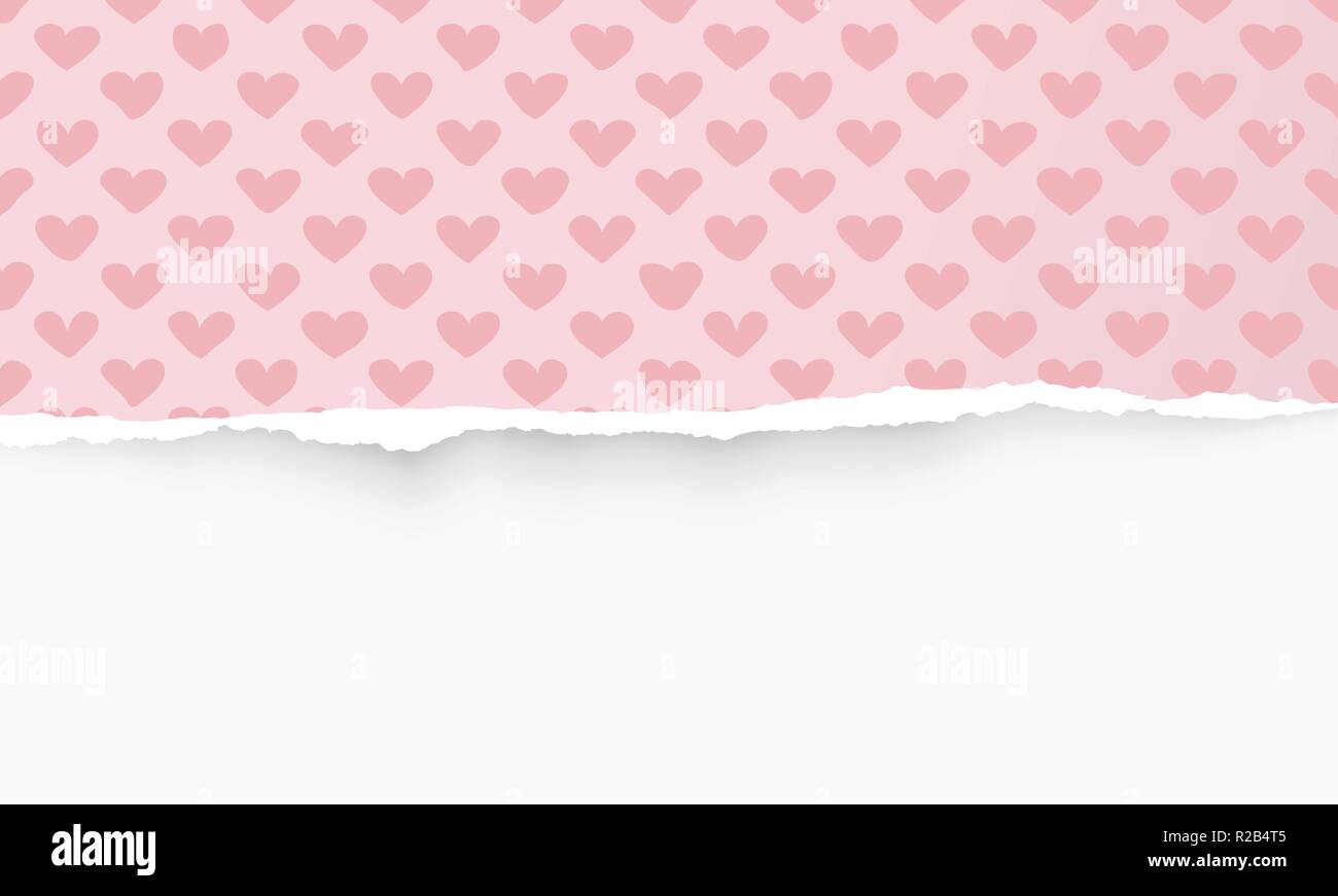 Ripped horizontal pink paper with heart shapes pattern for text or ...