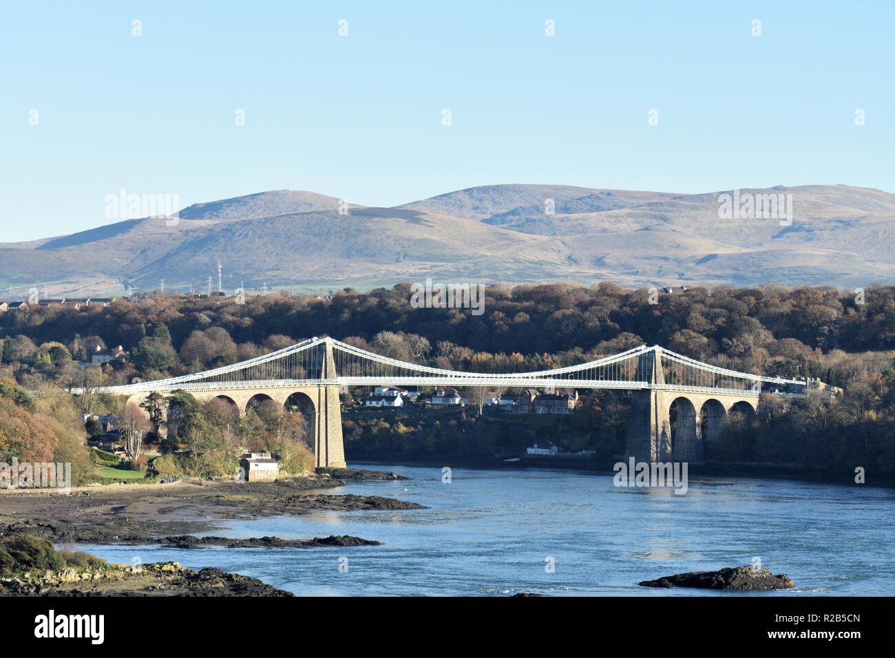View of the Menai bridge from the beautiful Welsh island of Anglesey ...