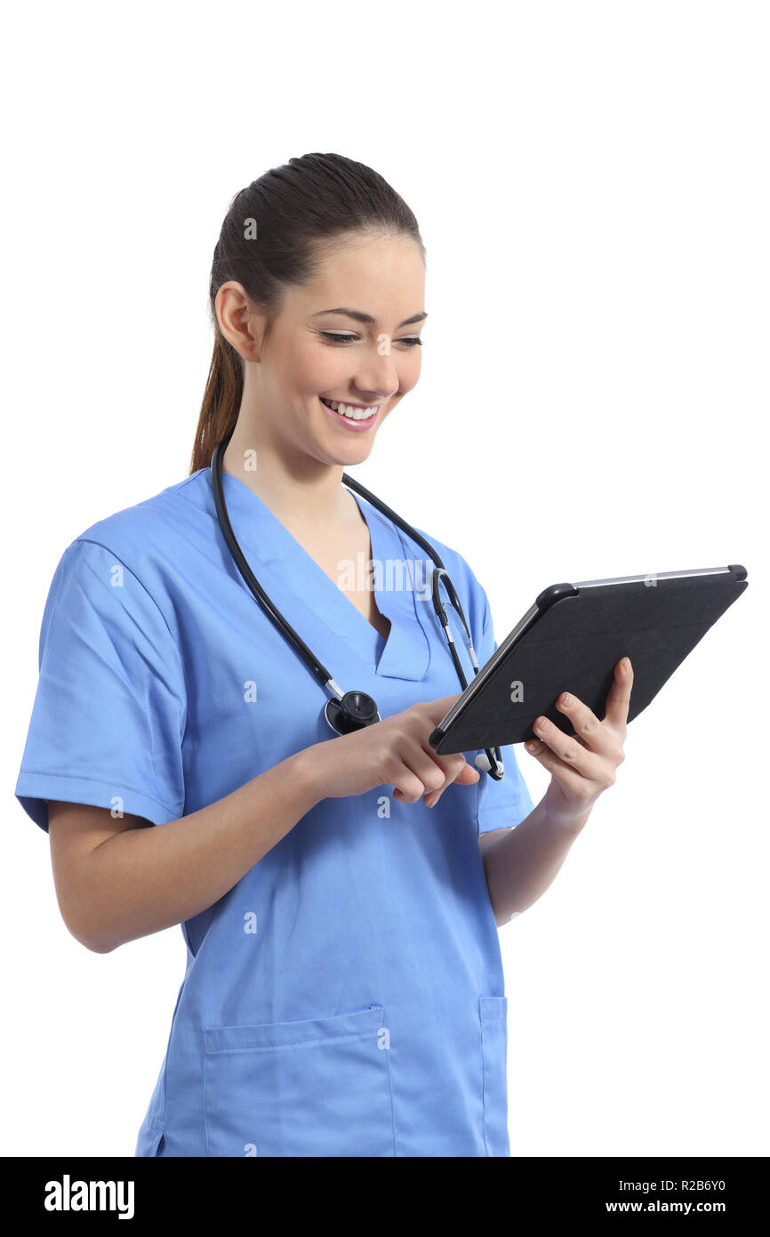 Happy nurse working online with a tablet isolated on white background ...