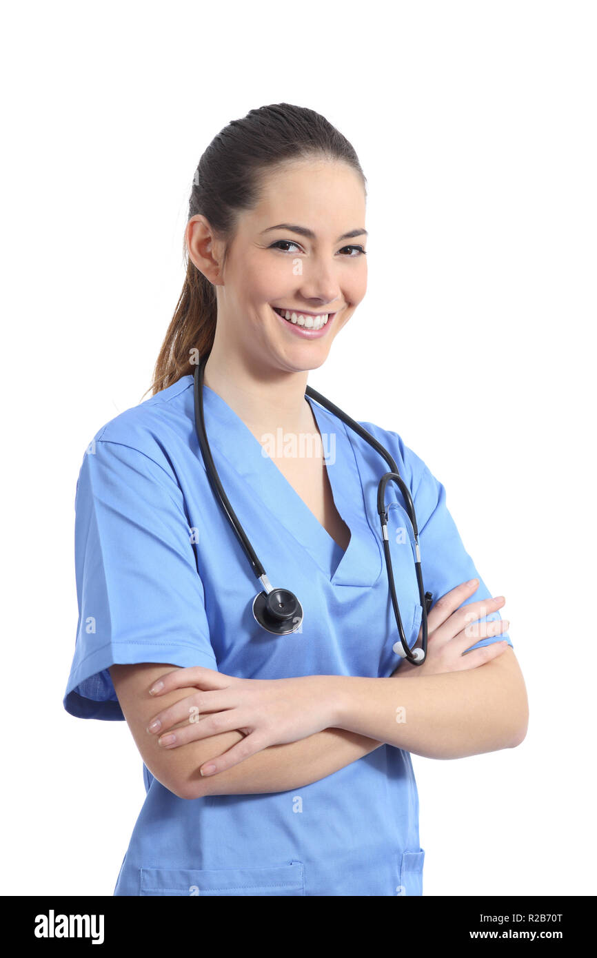 Happy nurse or doctor posing folding arms on isolated white background Stock Photo - Alamy