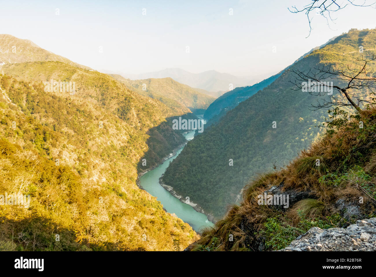 Spectacular view of the sacred Ganges river flowing through the green ...