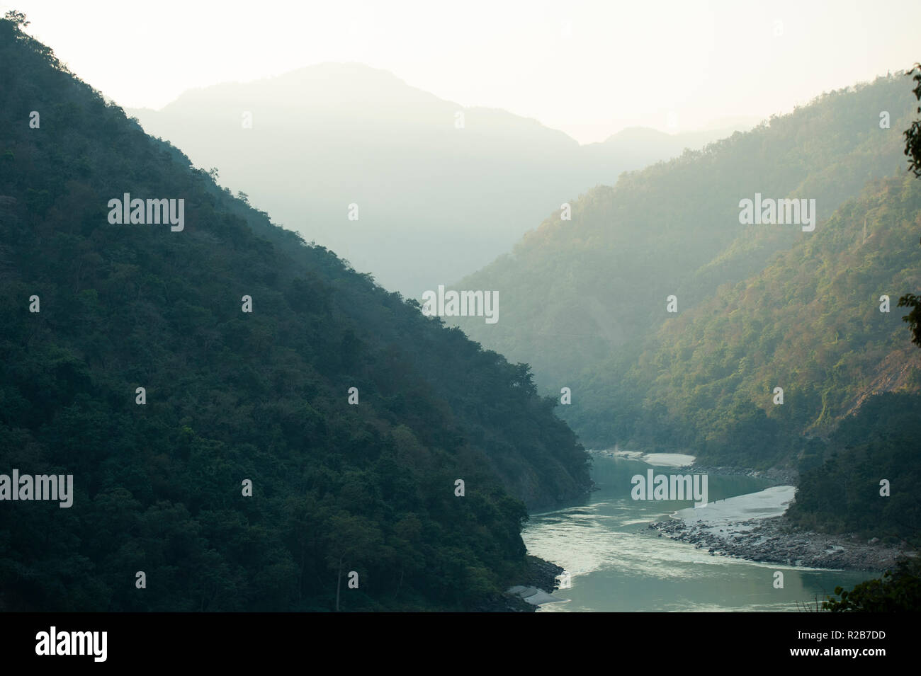 Spectacular view of the sacred Ganges river flowing through the green ...