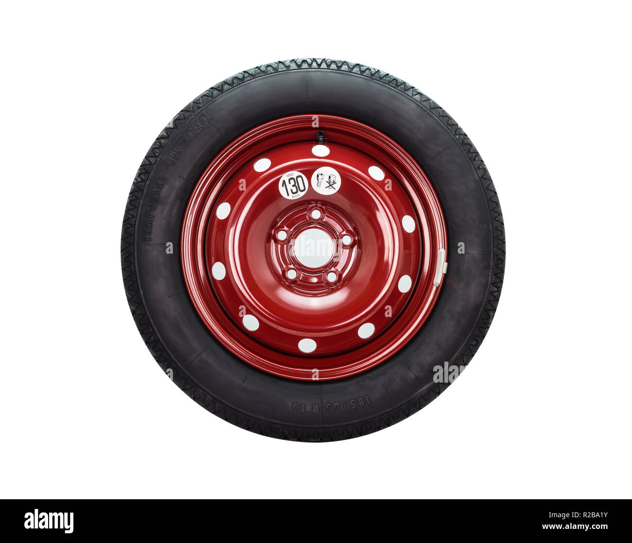 Spare car tire on steel, red rim. Isolated on a white background with a ...
