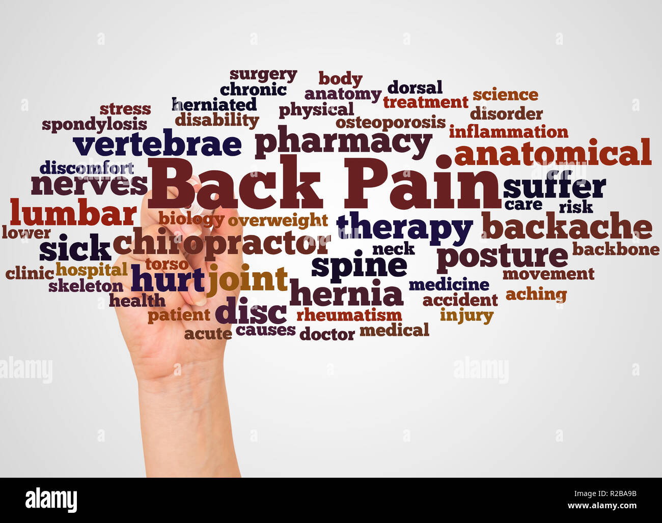 Back Pain word cloud and hand with marker concept on white background ...