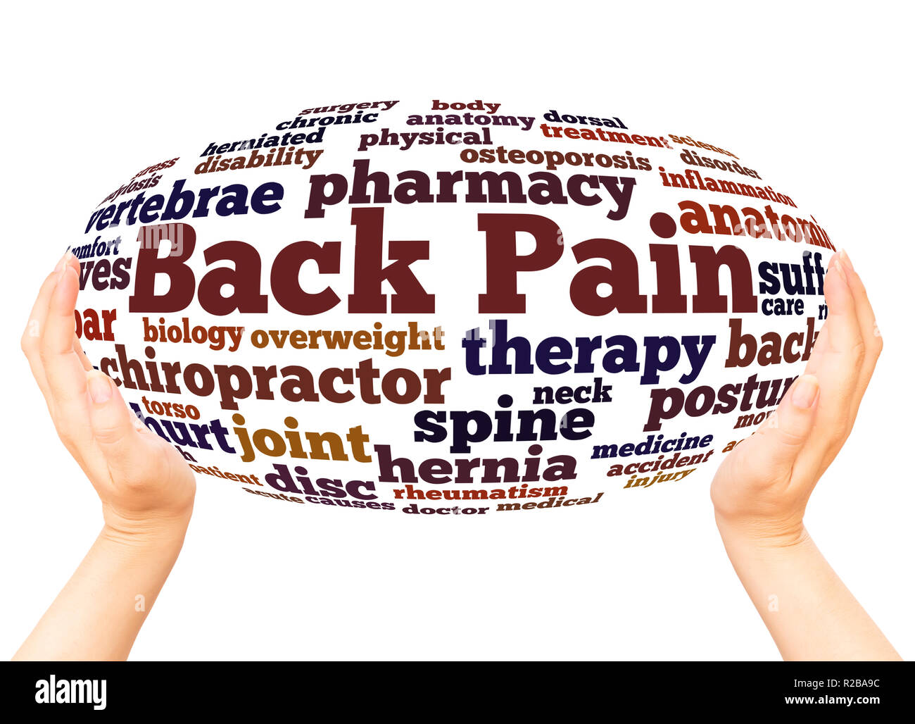 Back Pain word cloud hand sphere concept on white background Stock ...