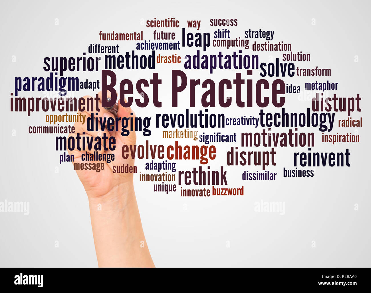 Best Practice word cloud and hand with marker concept on white ...