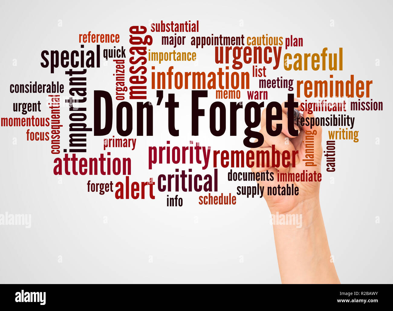 Don't Forget word cloud and hand with marker concept on white ...