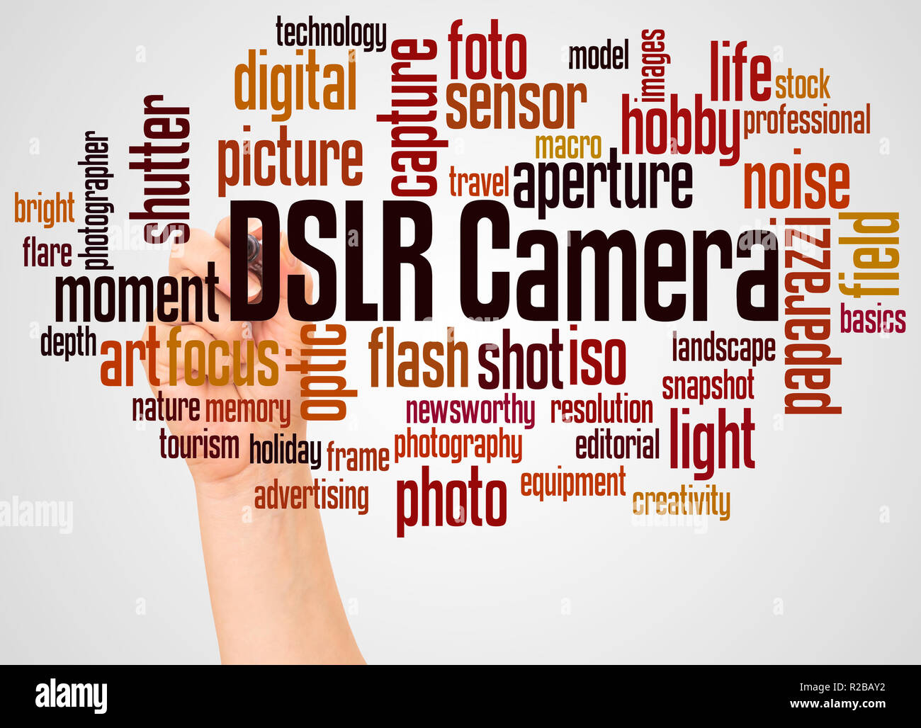 DSLR Camera word cloud and hand with marker concept on white background ...