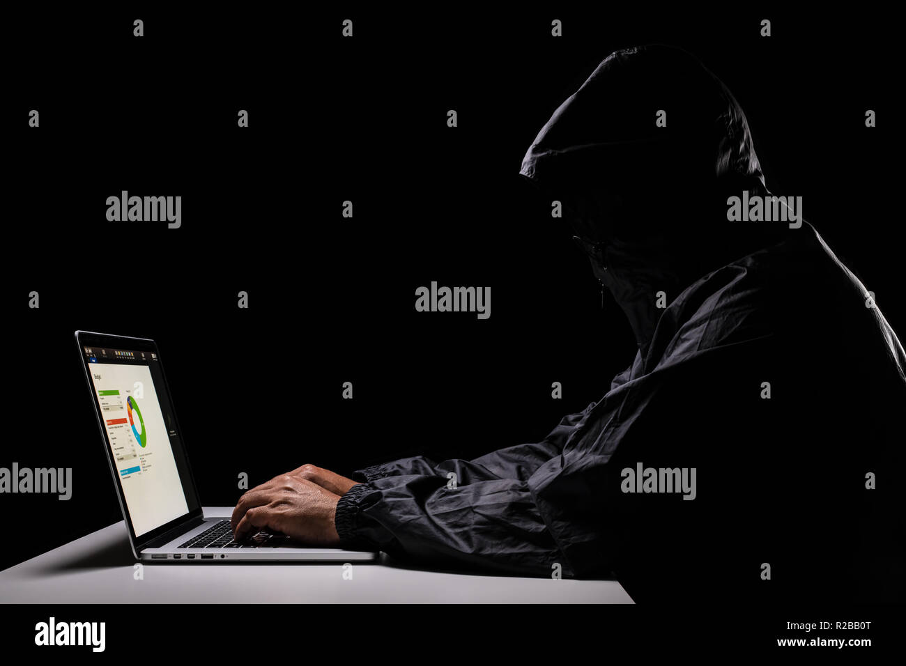A male hacker cover his head with the hood trying to steal the data ...