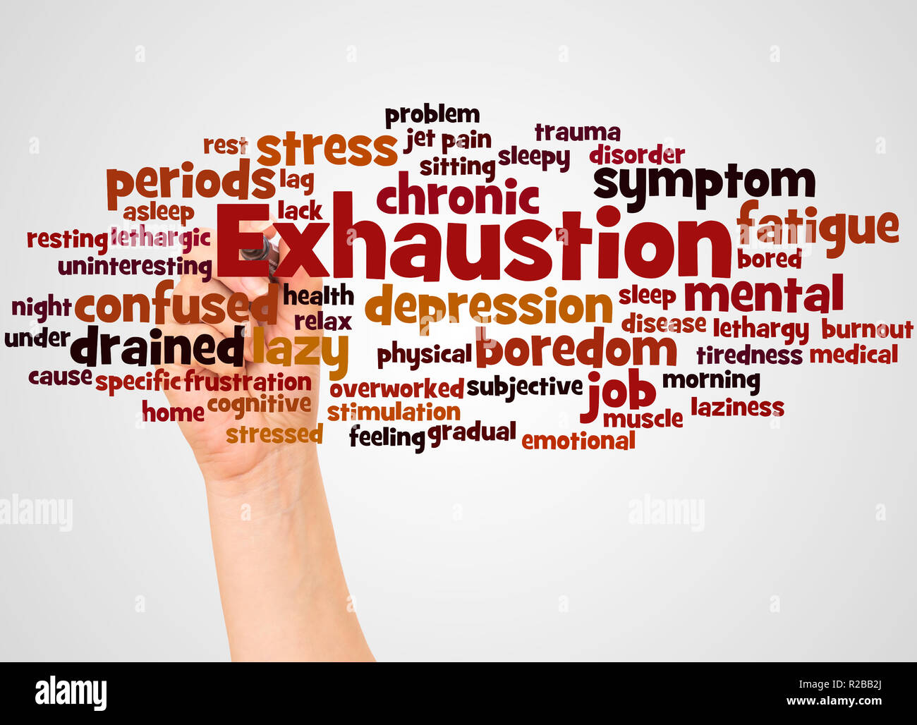 Exhaustion word cloud and hand with marker concept on white background ...