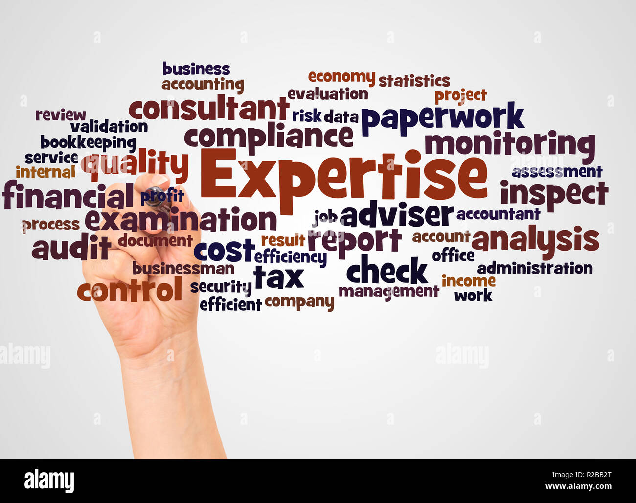 Expertise word cloud and hand with marker concept on white background ...