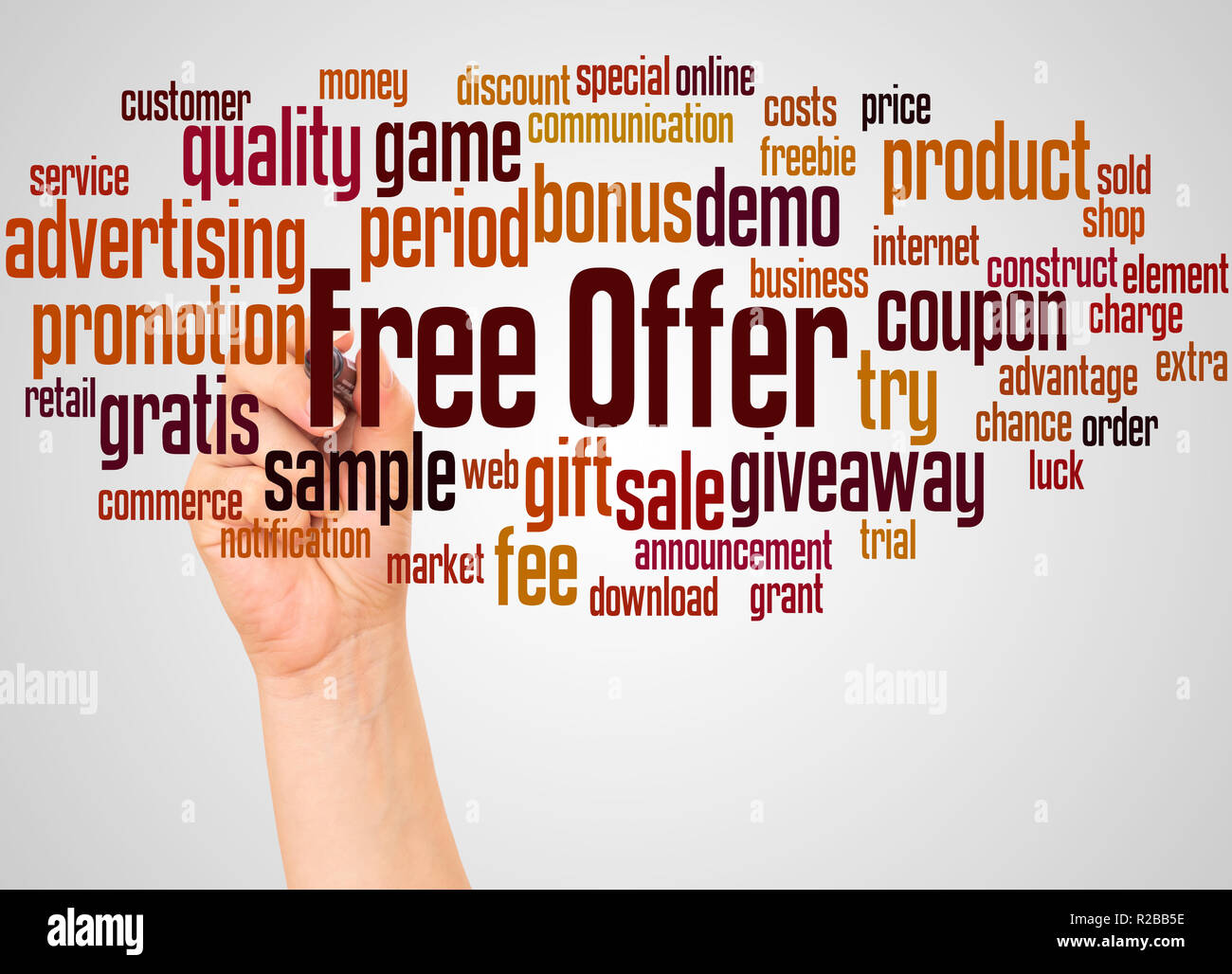 Free offer word cloud and hand with marker concept on white background ...