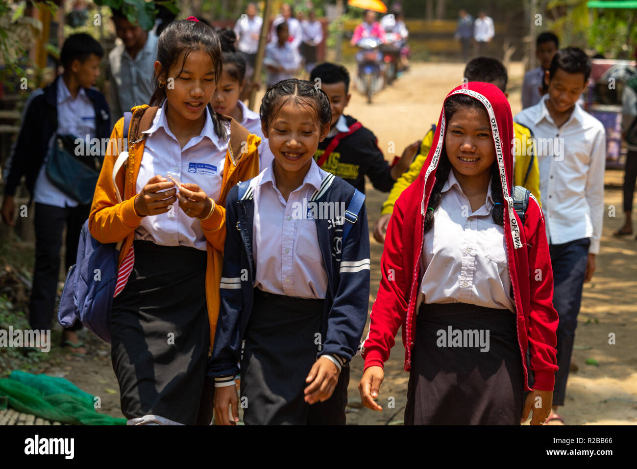 Don Khone, Laos - April 24, 2018: Uniformed college girls walking ...