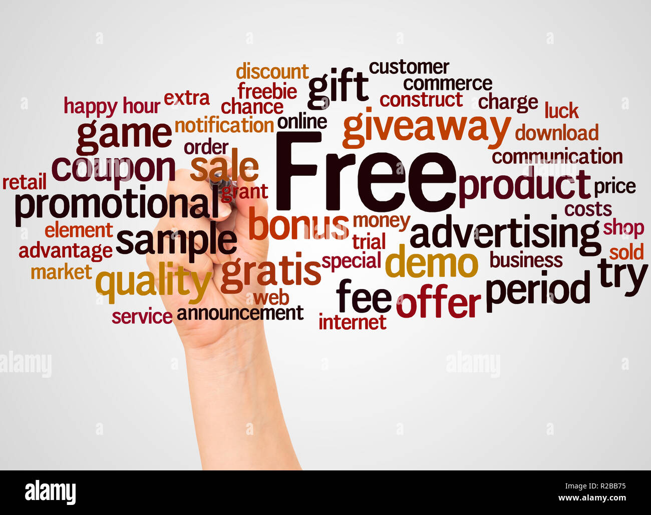 Free word cloud and hand with marker concept on white background Stock ...