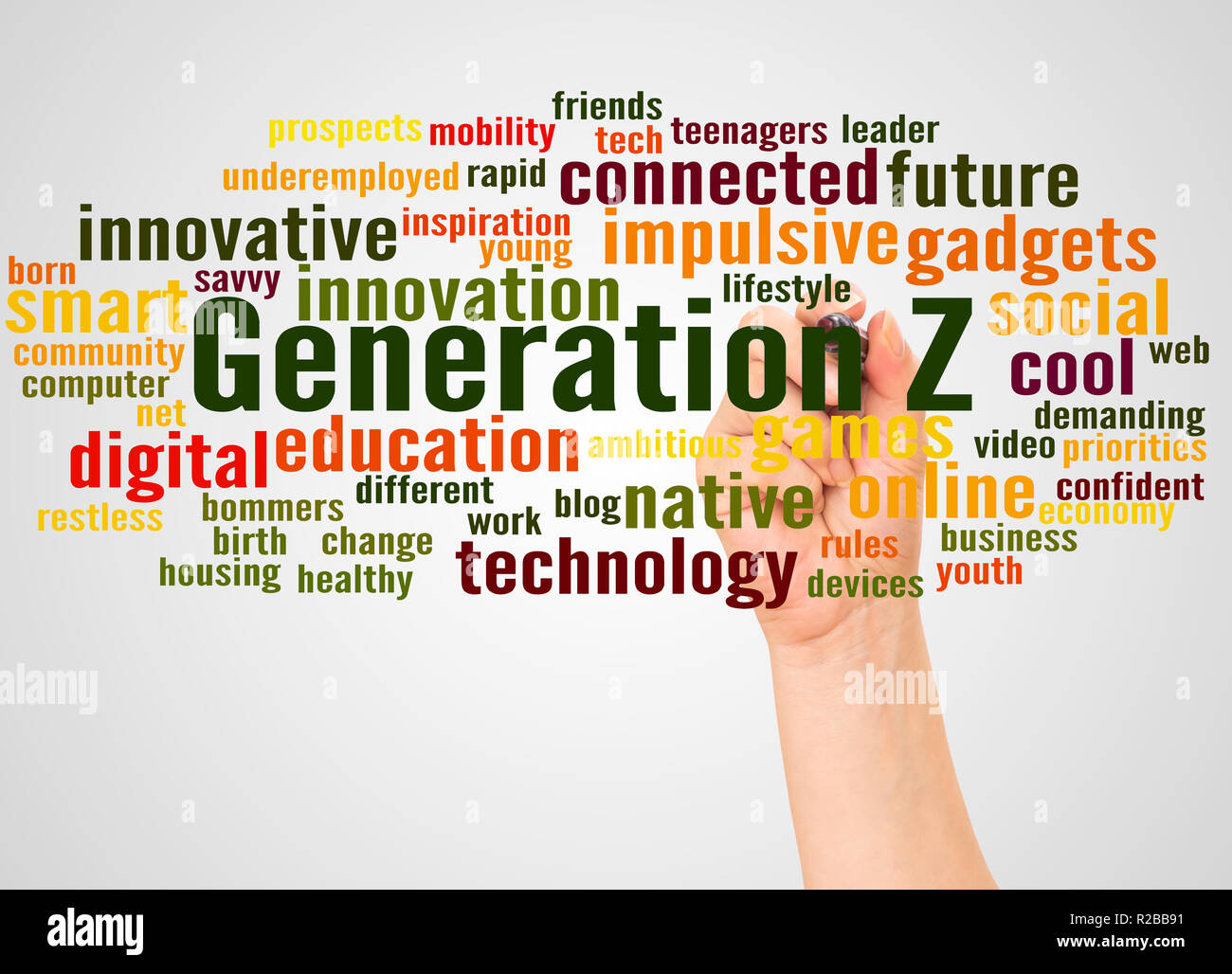 Generation Z word cloud and hand with marker concept on white ...