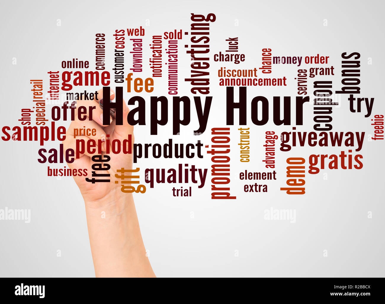 Happy Hour word cloud and hand with marker concept on white background ...