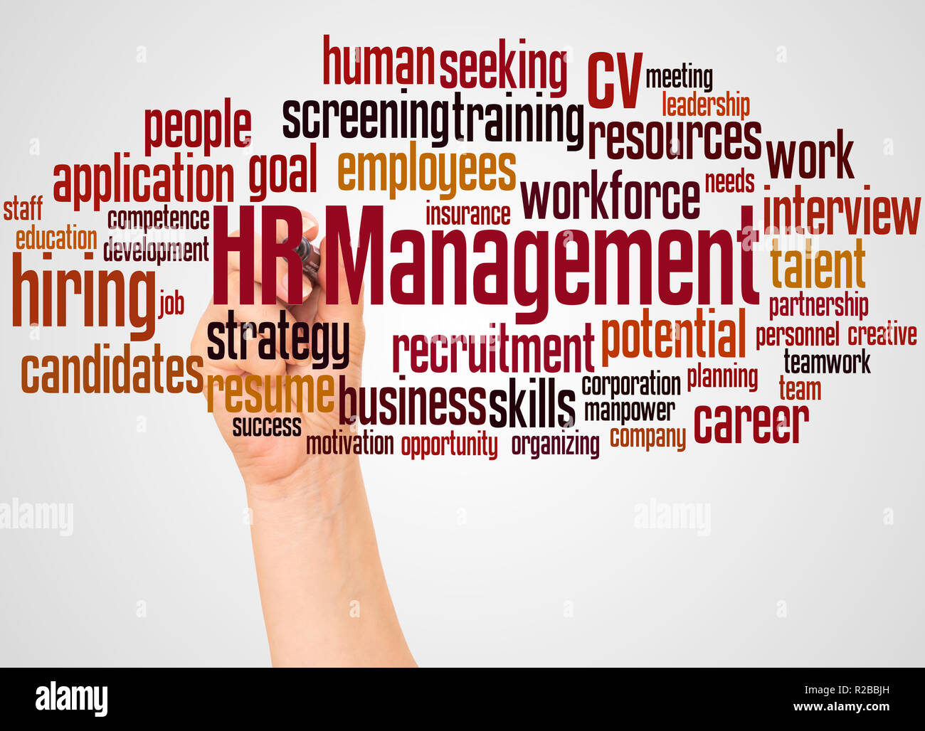 HR management word cloud and hand with marker concept on white ...