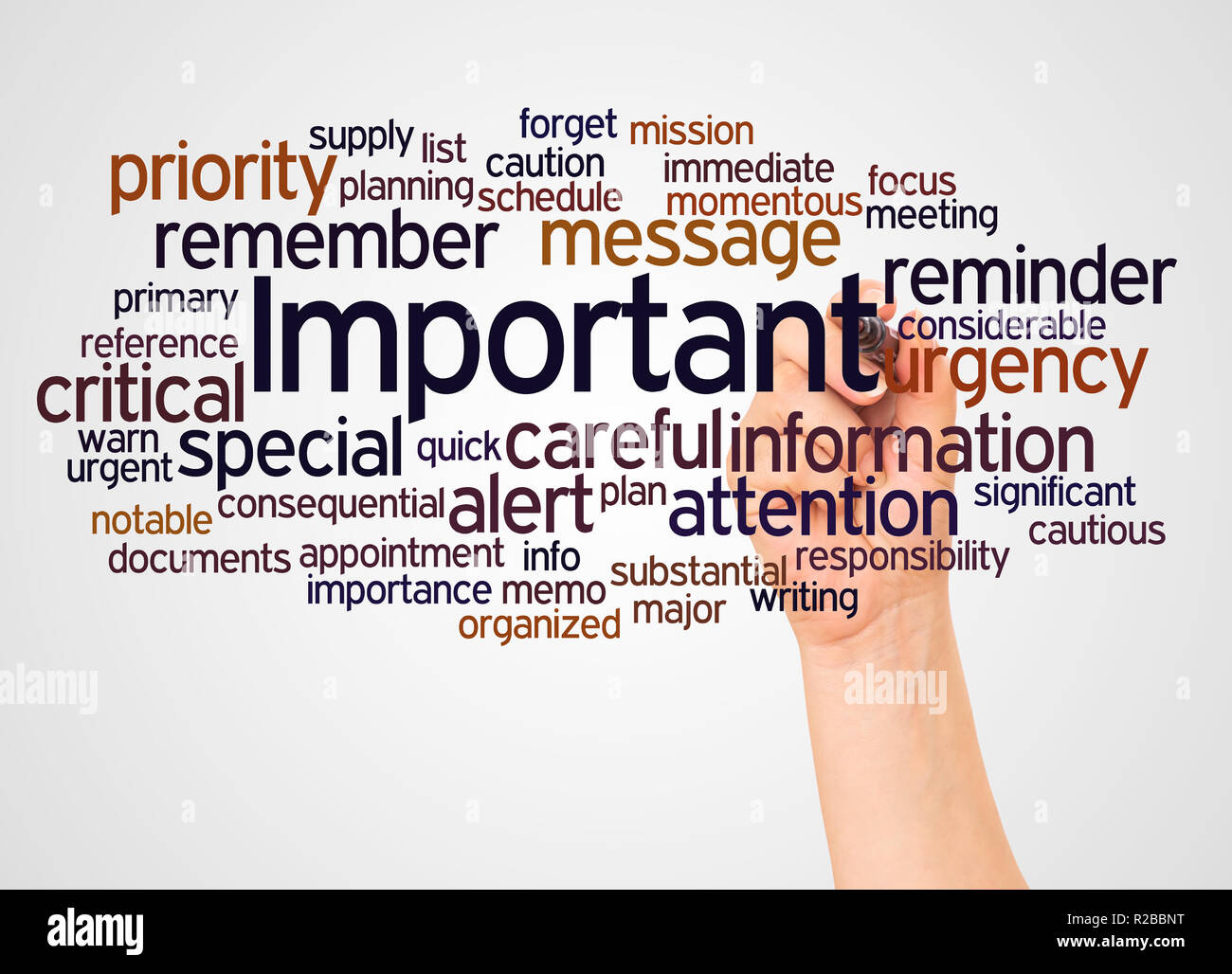 Important word cloud and hand with marker concept on white background ...