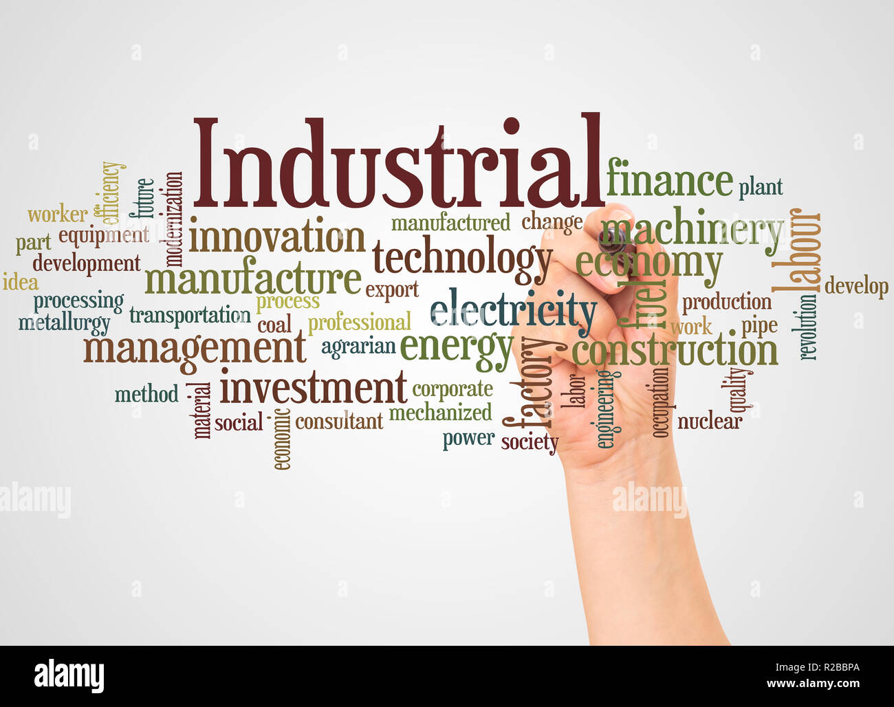 Industrial word cloud and hand with marker concept on white background ...